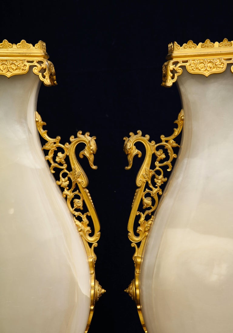 Large Pair of 19 C. French Ormolu Mounted Carved Agate Vases, Att. to E ...