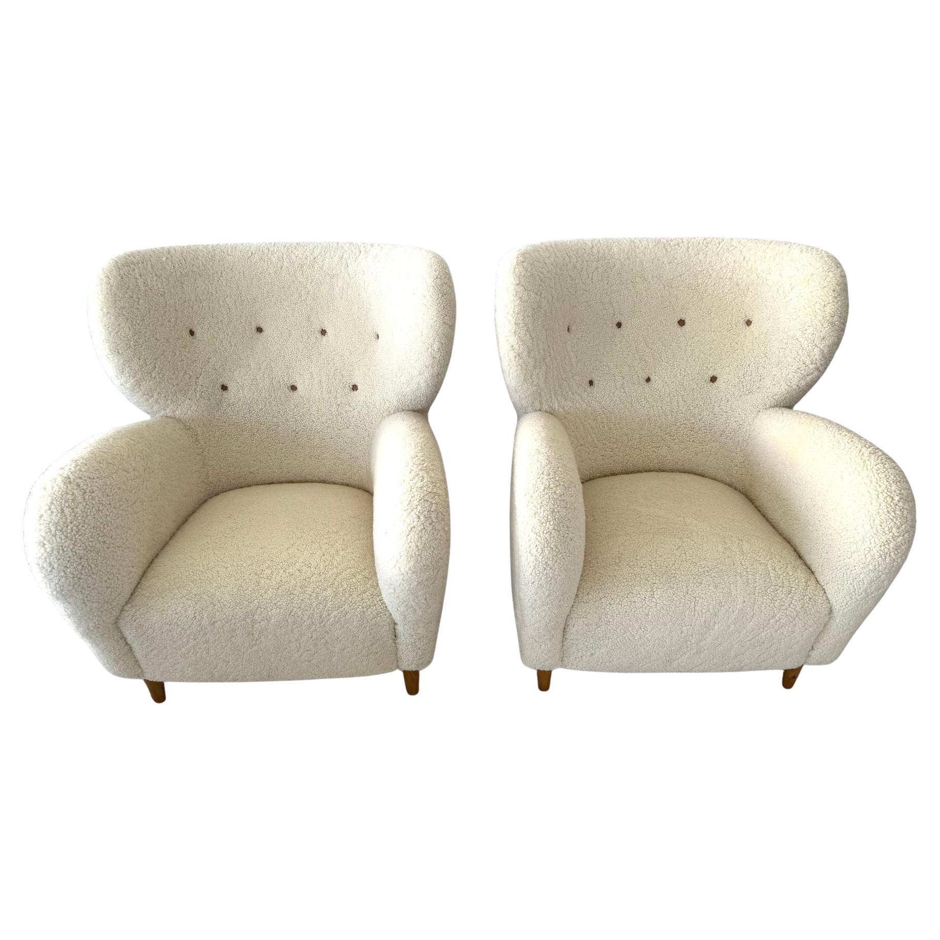 Large Pair of 1940's Scandinavian Sheepskin / Shearling Lounge Chairs ...