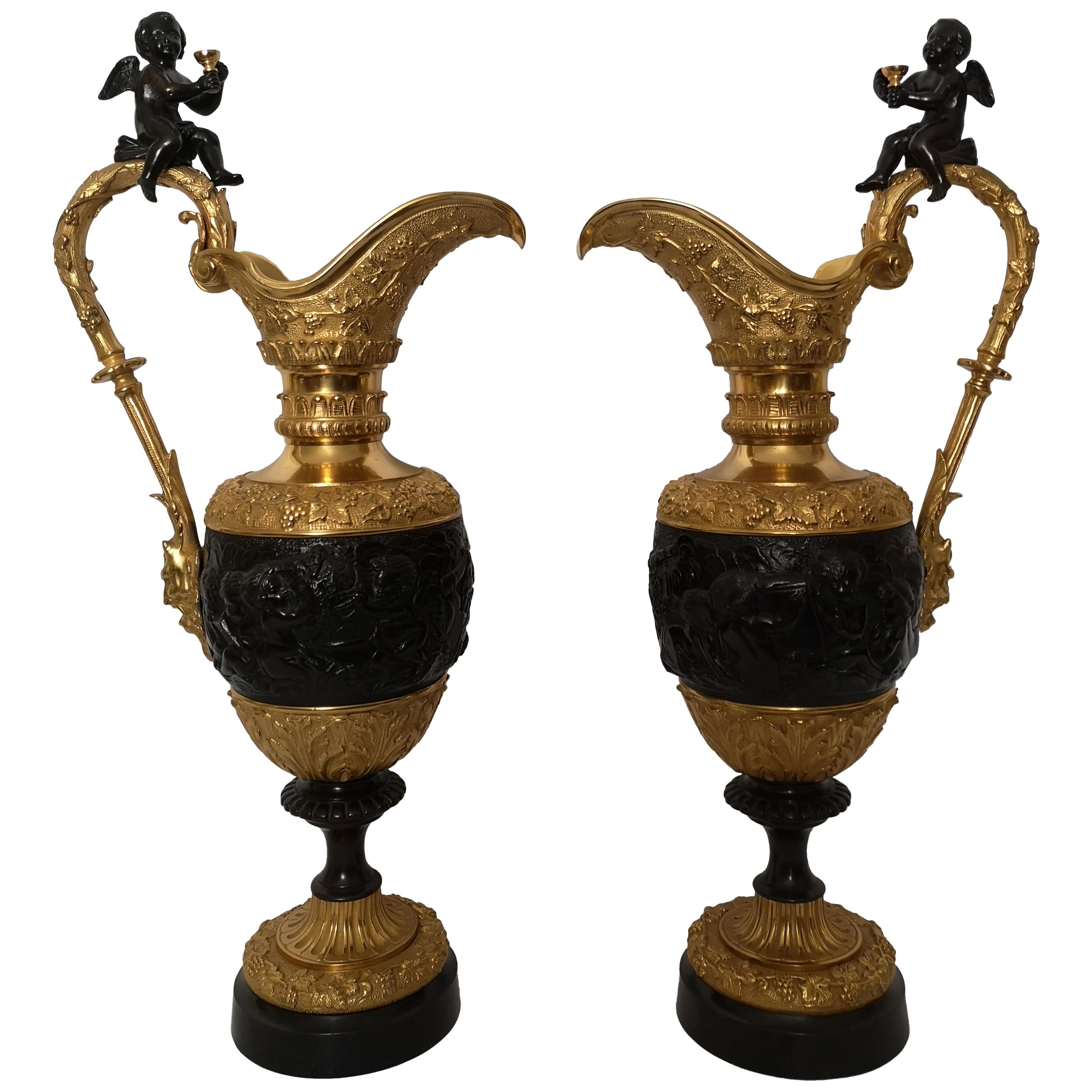 Large Pair of 19th Century French Bronze and Gilt Bronze Ewers at 1stDibs