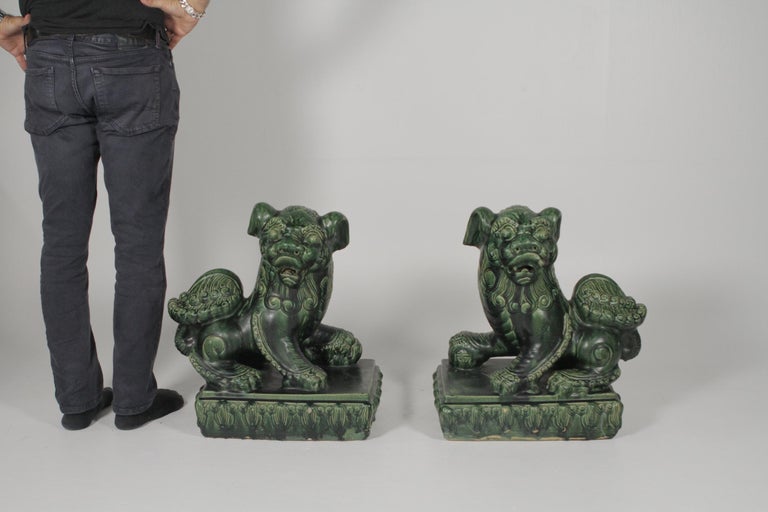 Large Pair of 19th Century Green Glazed Large Foo Dogs For Sale at 1stDibs