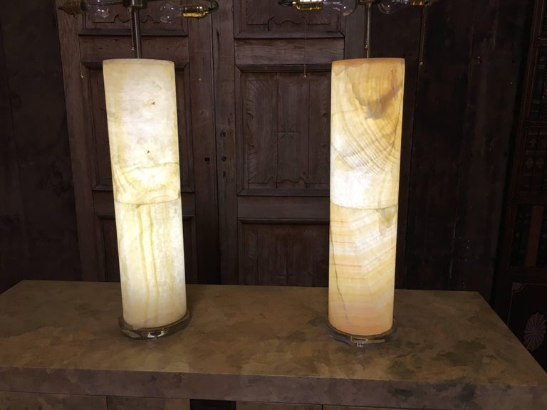 Large Pair of Alabaster Column Lamps at 1stDibs