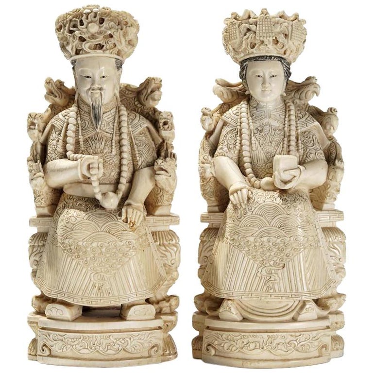 Large Pair of Antique Chinese Hand-Carved Ivory Emperor and Empress ...
