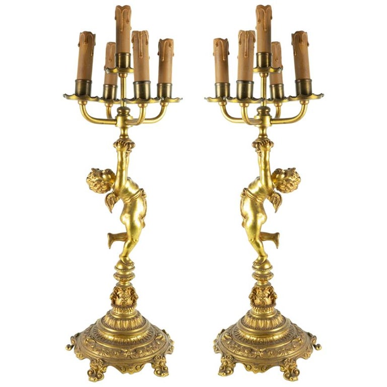 Large Pair of Antique Gilt Bronze Five-Arm Angel/Cherub Candlesticks ...