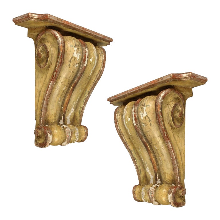 Large Pair of Antique Italian Cream Painted Wall Brackets at 1stDibs