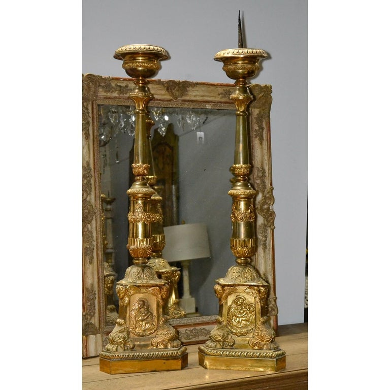 Large Pair of Antique Italian Gilt Metal Altar Sticks For Sale at 1stDibs