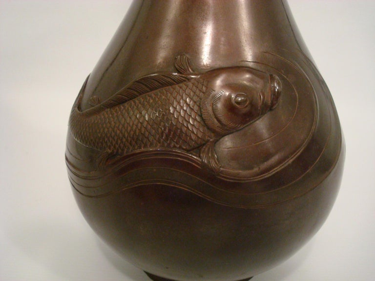large pair of antique Japanese bronze vases with carp fish, Meiji ...