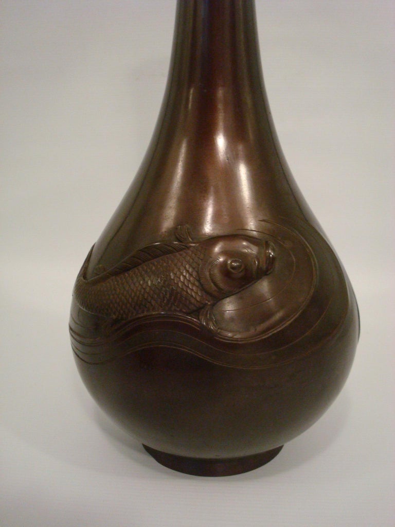 large pair of antique Japanese bronze vases with carp fish, Meiji ...