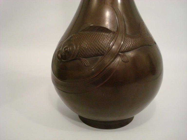large pair of antique Japanese bronze vases with carp fish, Meiji ...