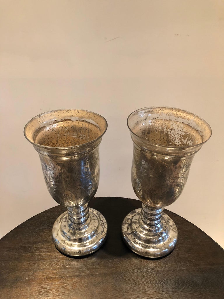 Large Pair of Antique Mercury Glass Hurricanes For Sale at 1stDibs