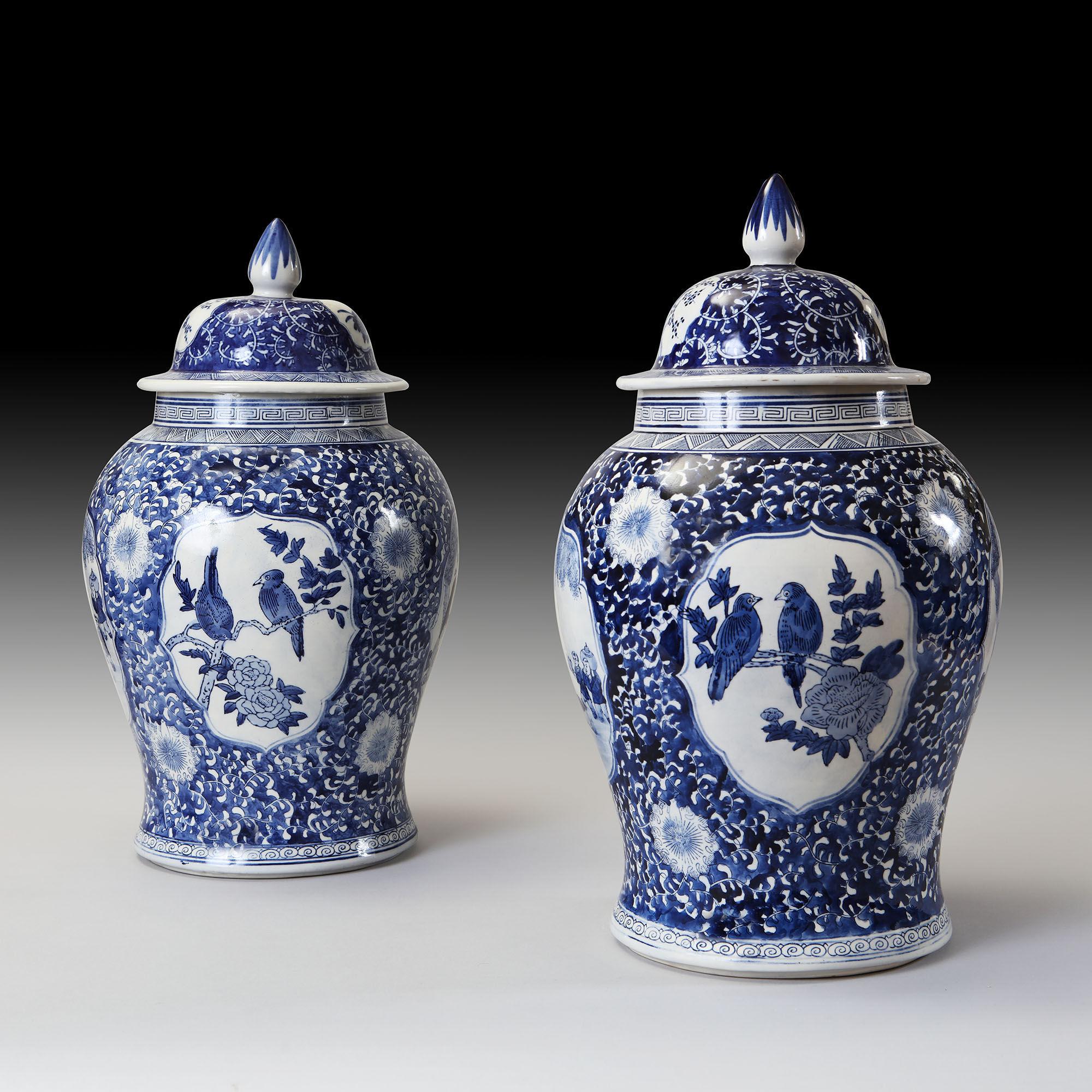 Large Pair of Blue and White Baluster Vases and Covers at 1stDibs