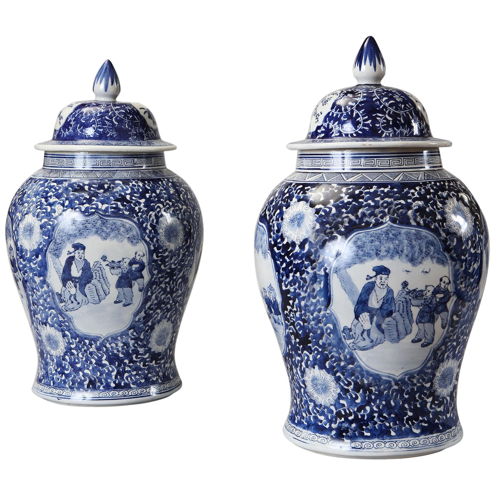 Large Pair of Blue and White Baluster Vases and Covers at 1stDibs