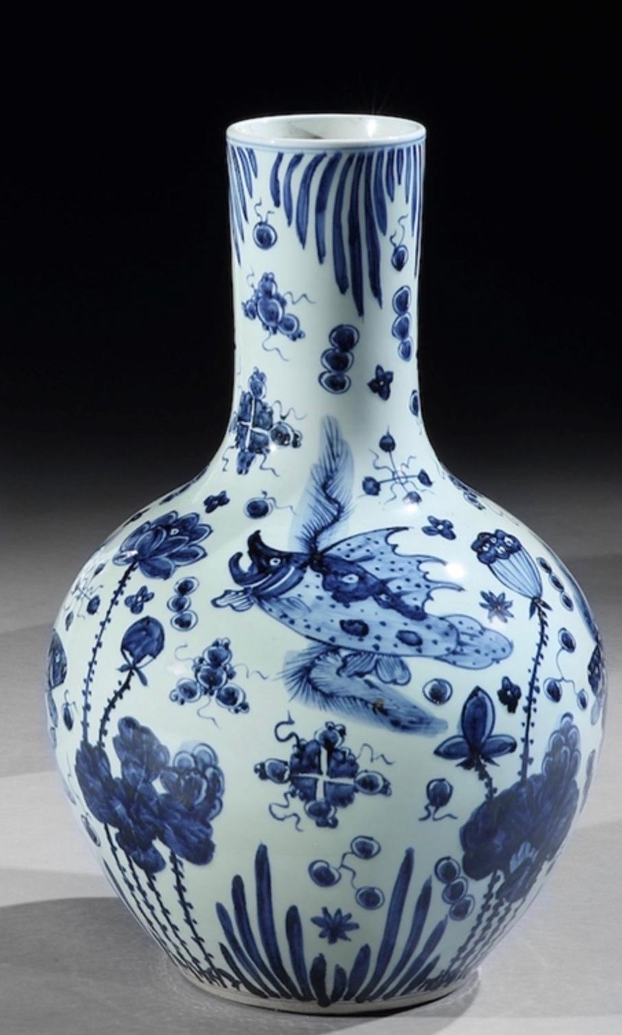 Large Pair of Blue and White Fish Chinese Straight Neck Vases For Sale ...