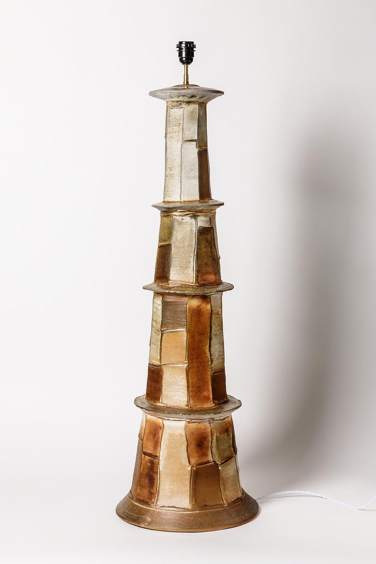 Large Pair of Brown and White Stoneware Ceramic Floor or Table Lamps by ...