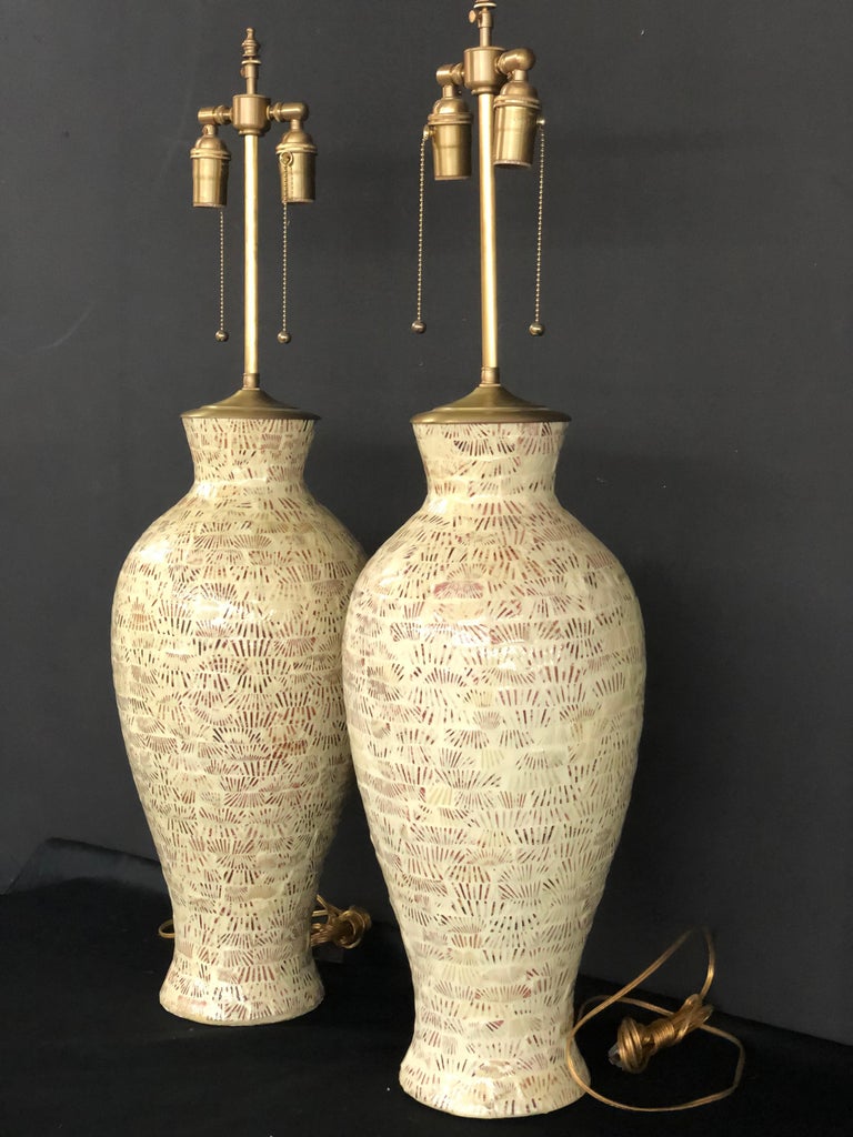 Large Pair of Ceramic Vessels with "Scallop" Inset Pattern and Lamp ...