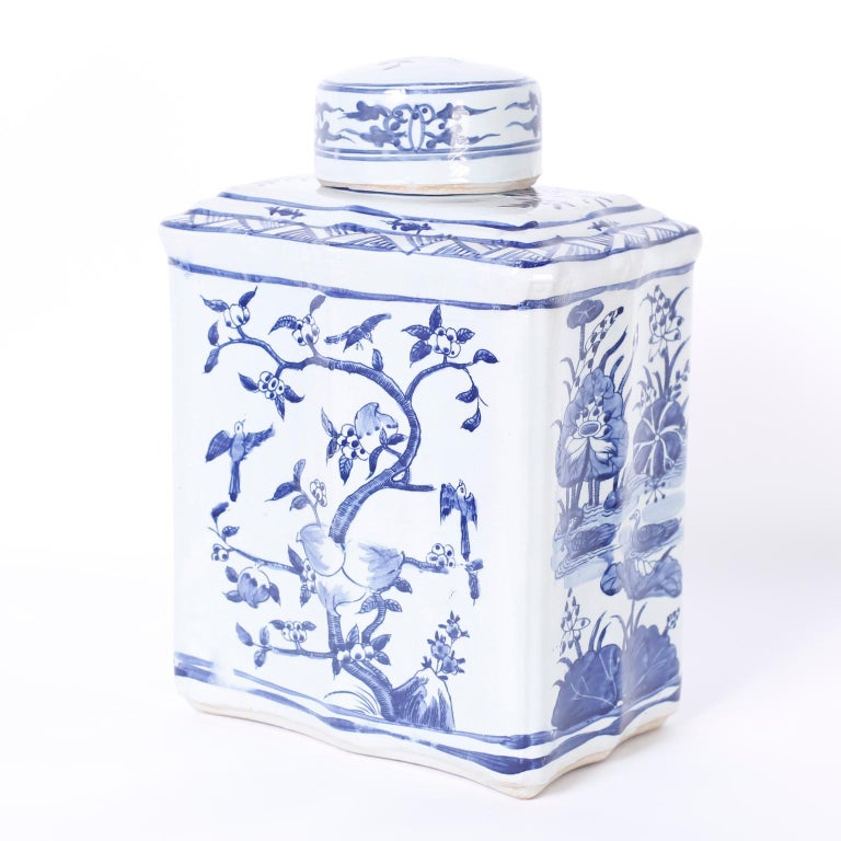 Large Pair of Chinese Blue and White Porcelain Floral Tea Caddies at ...