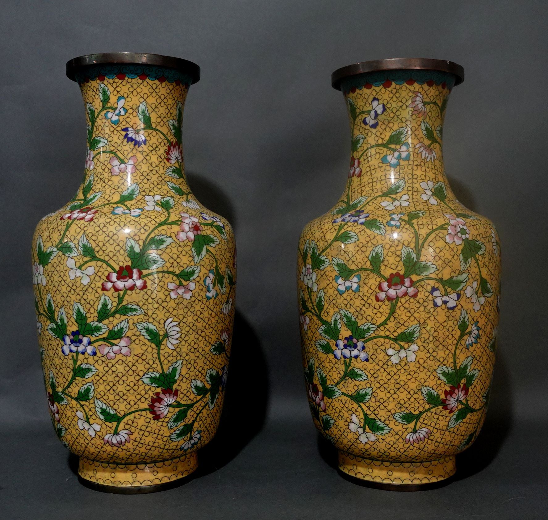 Large Pair of Chinese Bronze Cloisonné Enameled Vases For Sale at 1stDibs