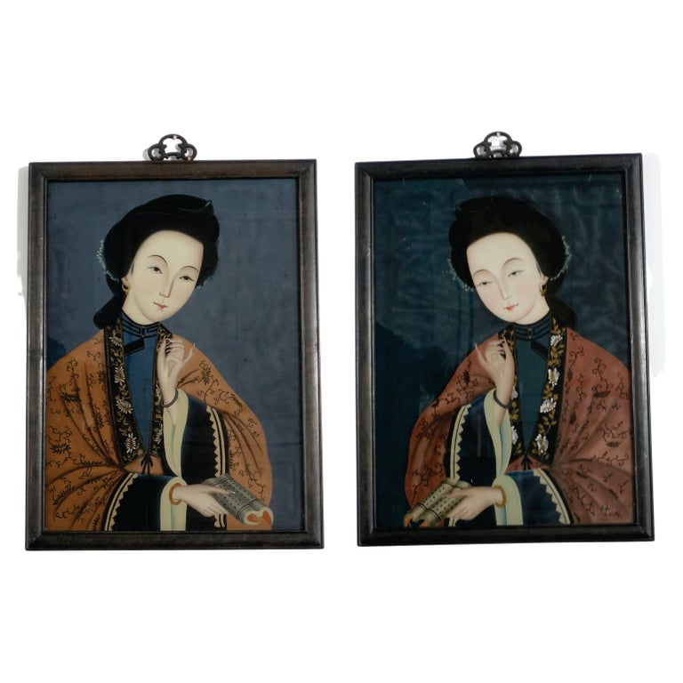 Large Pair of Chinese Export Reverse Paintings On Glass, The Beauties ...