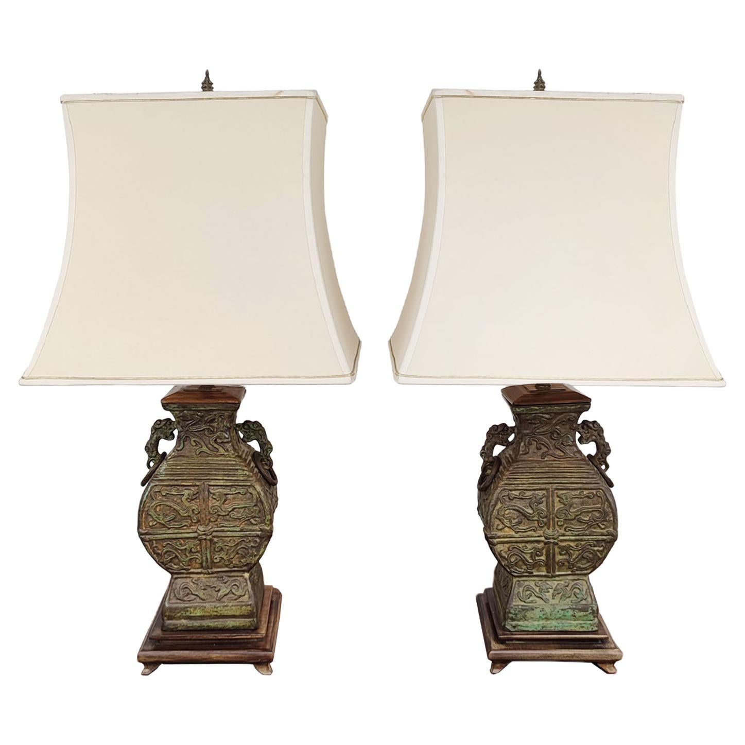 Vintage Chinese Bronze Lamps on Rosewood Bases at 1stDibs