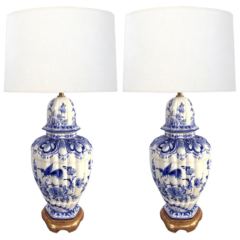 Large Pair of Dutch Delftware Blue and White Glazed Ginger Jar Lamps at ...