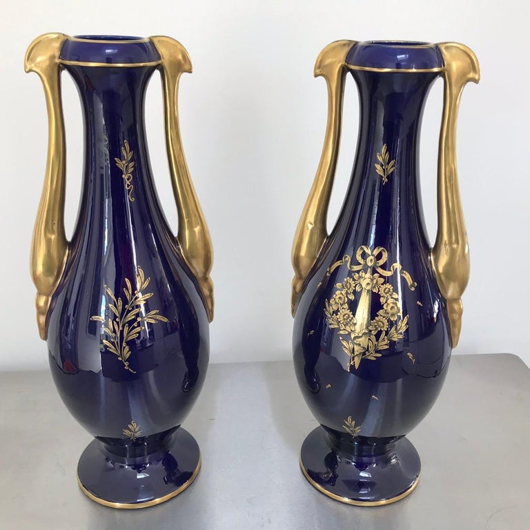 Large Pair of French Cobalt Blue and Gilt Twin Handle Vases by JP at ...