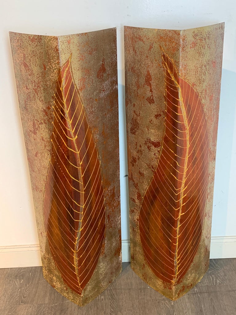 Large Pair of Enameled Palm Leaf Triangular Panels, by the Evans Design ...