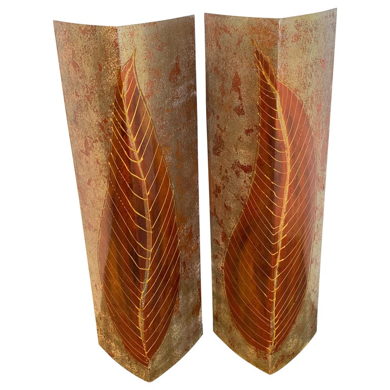 Large Pair of Enameled Palm Leaf Triangular Panels, by the Evans Design ...