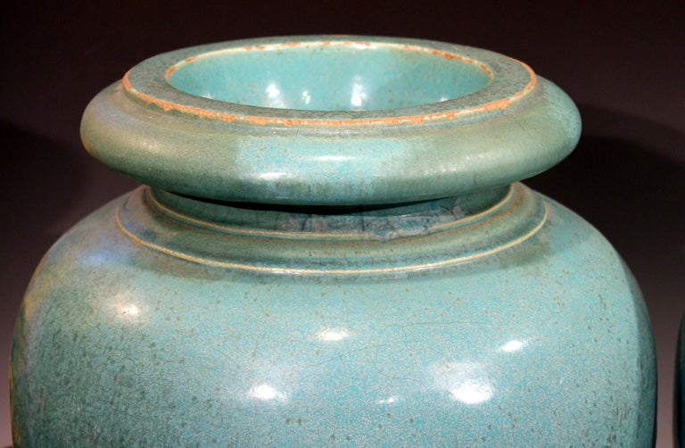 Large Pair of Galloway Terracotta Company Pottery Turquoise Urns Vases ...