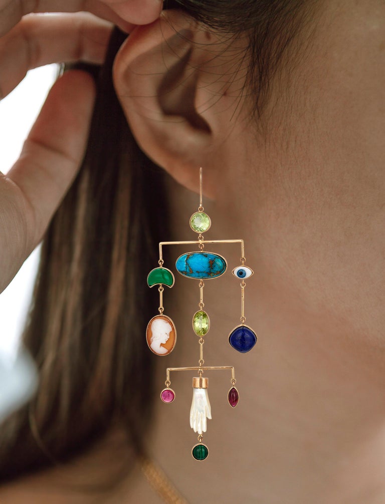 Large Pair of Gold Balance Bar Multi-Gem Drop Earrings For Sale at 1stDibs