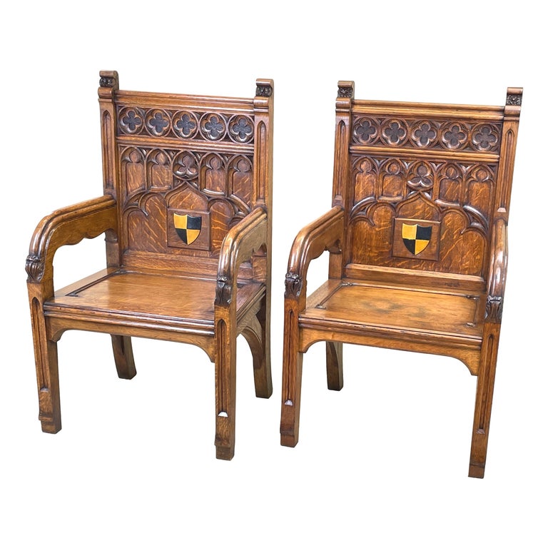 Large Pair of Gothic Oak Chairs For Sale at 1stDibs