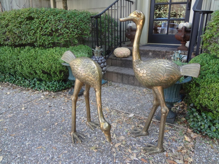 Large Pair of Hollywood Regency Brass Ostrich Figures For Sale at 1stDibs