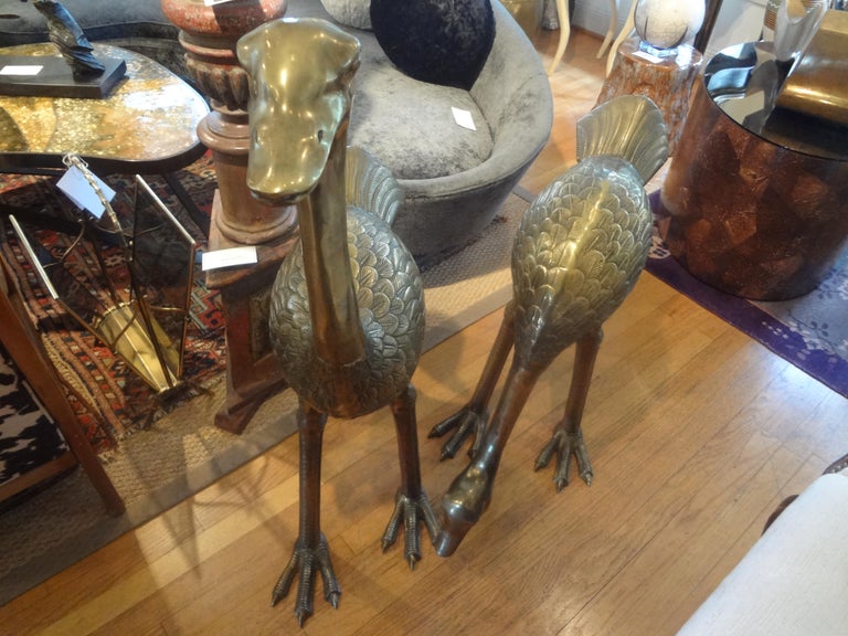 Large Pair of Hollywood Regency Brass Ostrich Figures For Sale at 1stDibs