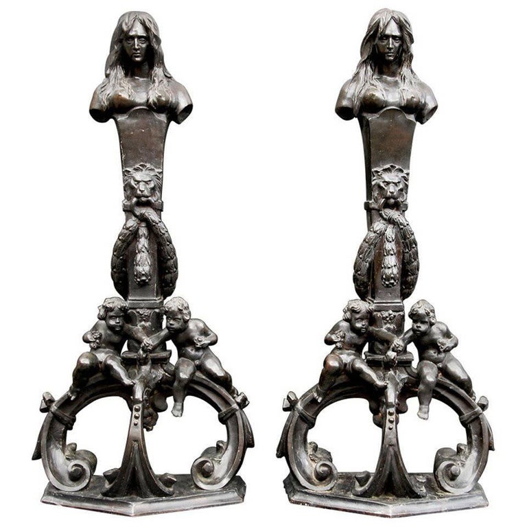 Large Pair of Italian Bronze Andirons For Sale at 1stDibs