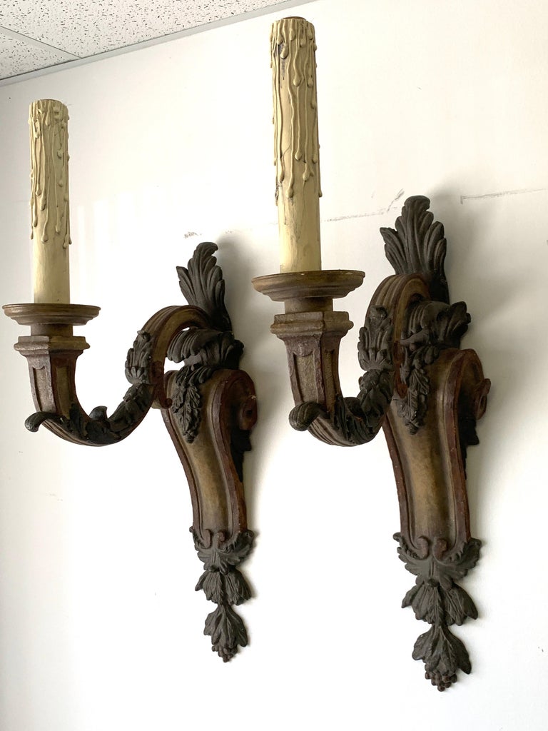 Large Pair of Italian Tuscan Style Polychromed Wood Sconces For Sale at ...