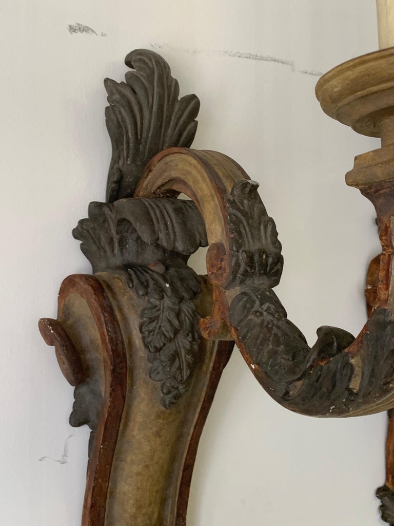 Large Pair of Italian Tuscan Style Polychromed Wood Sconces For Sale at ...