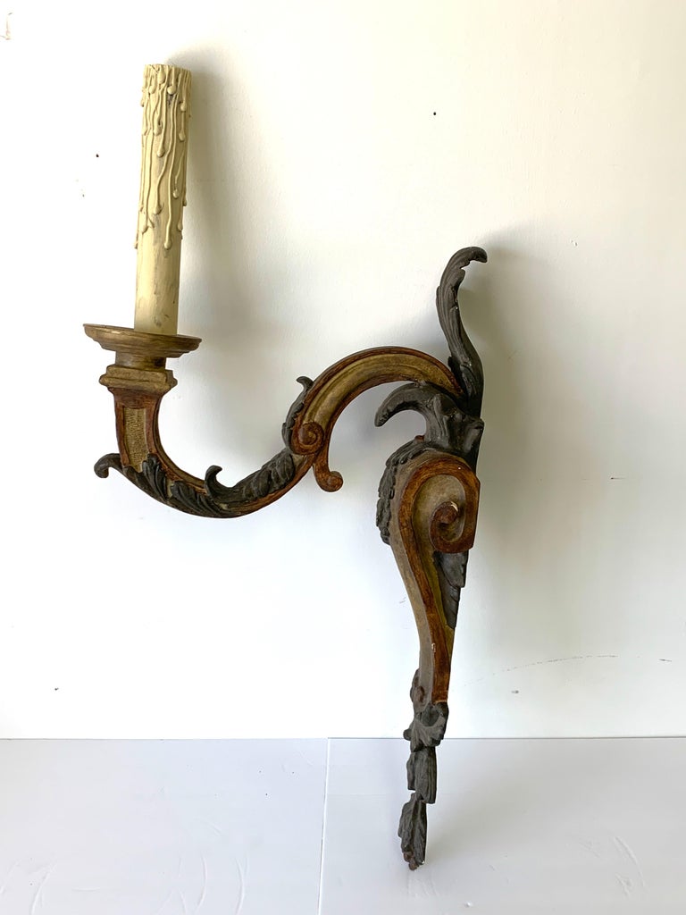 Large Pair of Italian Tuscan Style Polychromed Wood Sconces For Sale at ...