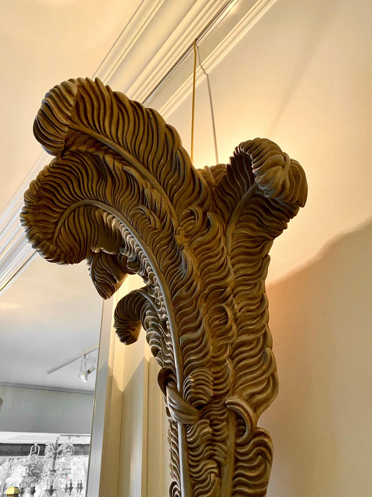 Large Pair of Maison Jansen Feather Sconces, Wood and Plaster, Trianon ...