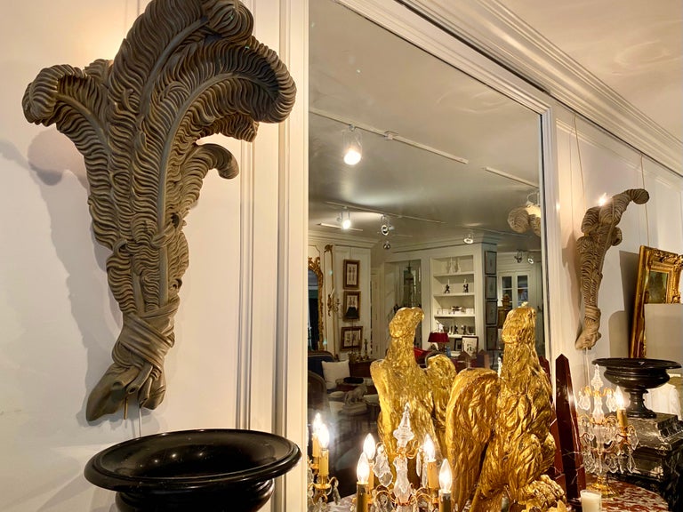 Large Pair of Maison Jansen Feather Sconces, Wood and Plaster, Trianon ...