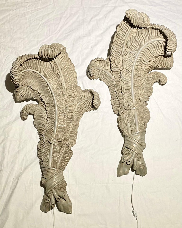 Large Pair of Maison Jansen Feather Sconces, Wood and Plaster, Trianon ...