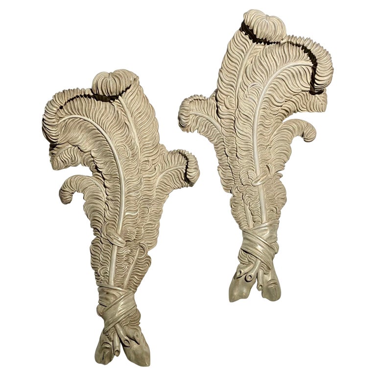 Large Pair of Maison Jansen Feather Sconces, Wood and Plaster, Trianon ...