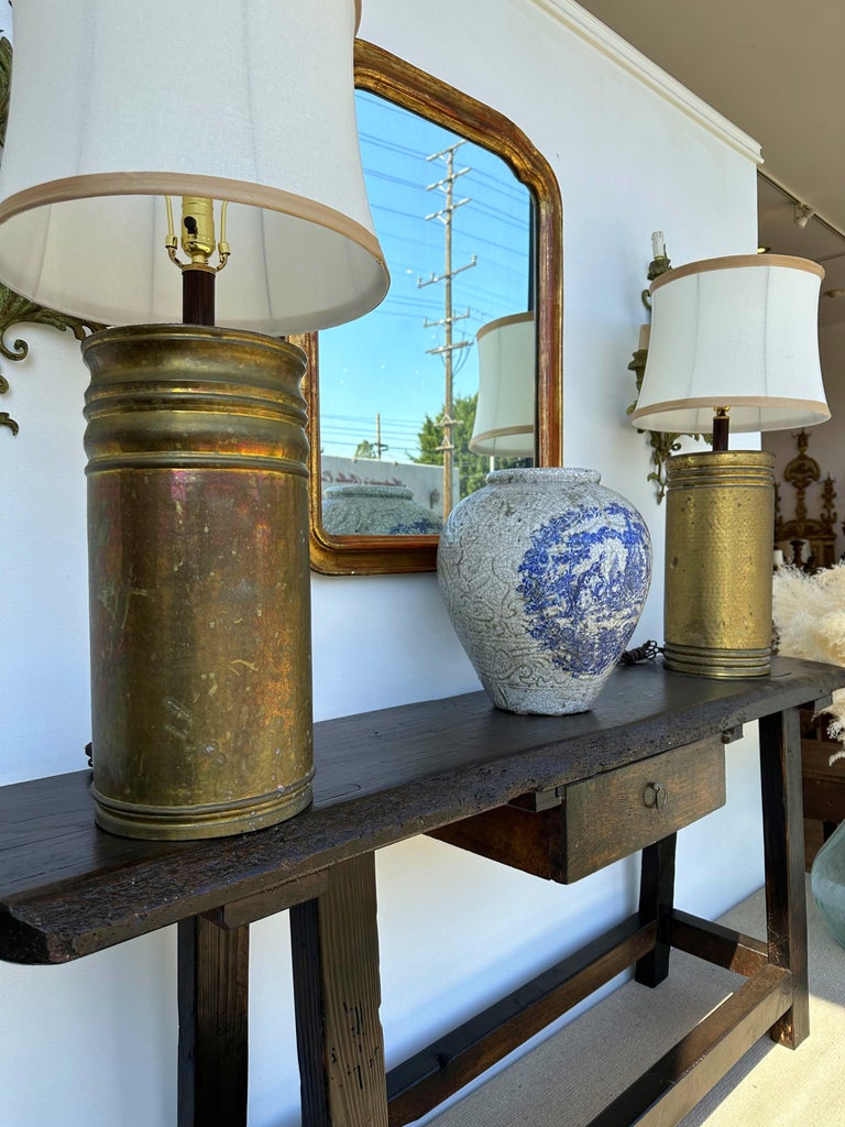 Large Pair of Midcentury Hammered Brass Lamps For Sale at 1stDibs