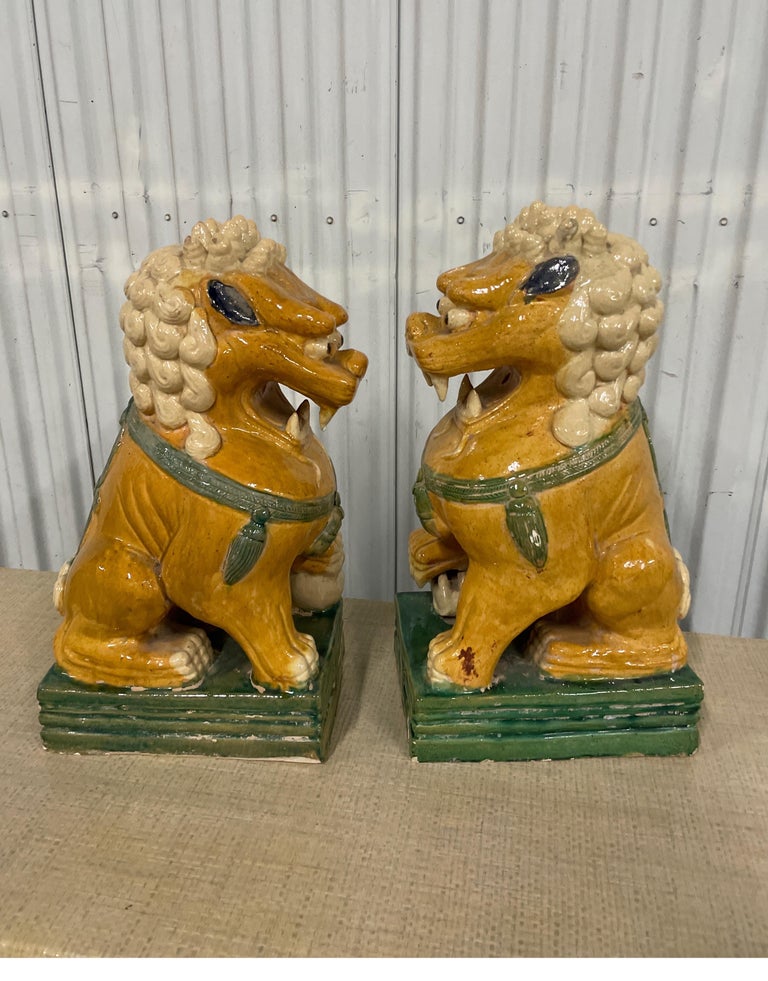 Large Pair of Multicolored Glazed Terra Cotta Foo Dogs For Sale at 1stDibs