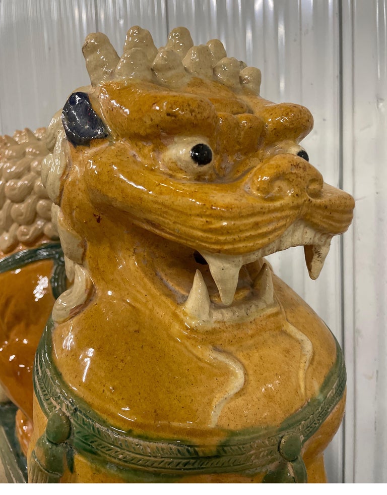 Large Pair of Multicolored Glazed Terra Cotta Foo Dogs For Sale at 1stDibs