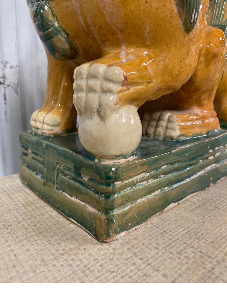 Large Pair of Multicolored Glazed Terra Cotta Foo Dogs For Sale at 1stDibs