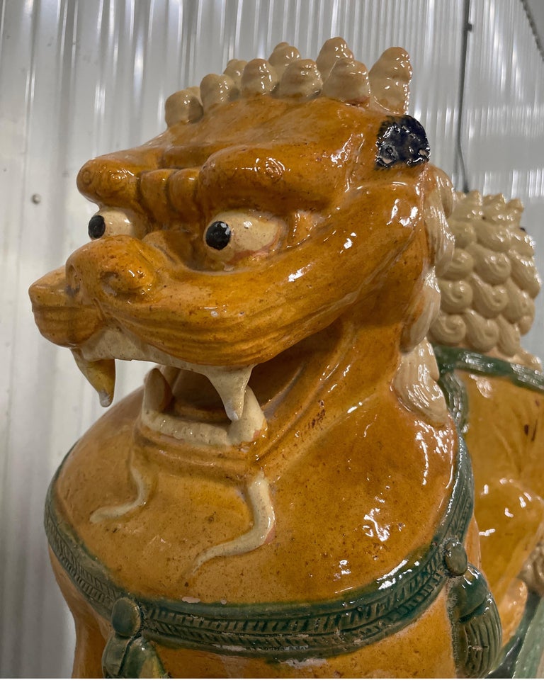 Large Pair of Multicolored Glazed Terra Cotta Foo Dogs For Sale at 1stDibs