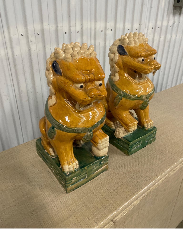 Large Pair of Multicolored Glazed Terra Cotta Foo Dogs For Sale at 1stDibs