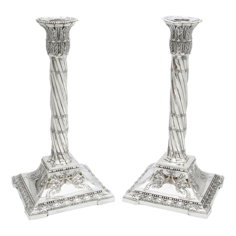 Large Pair of Neoclassical Sterling Silver Column-Form Candlesticks For ...
