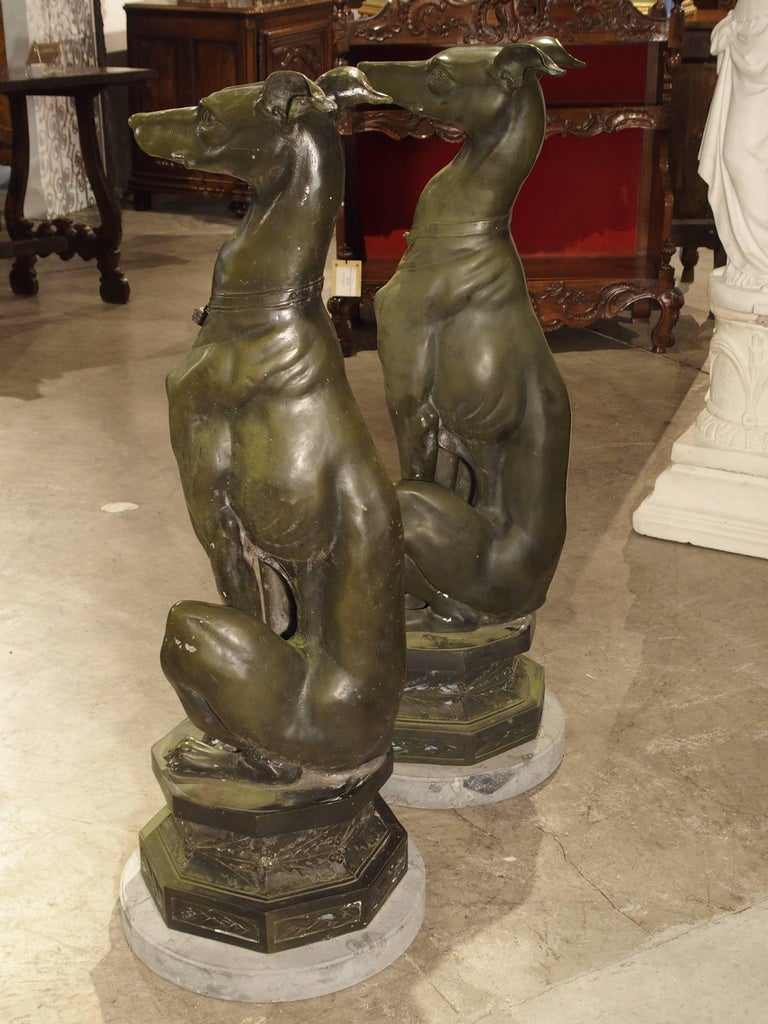 Large Pair of Painted Dog Statues on Stone Bases from France at 1stDibs