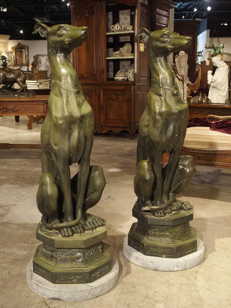 Large Pair of Painted Dog Statues on Stone Bases from France at 1stDibs
