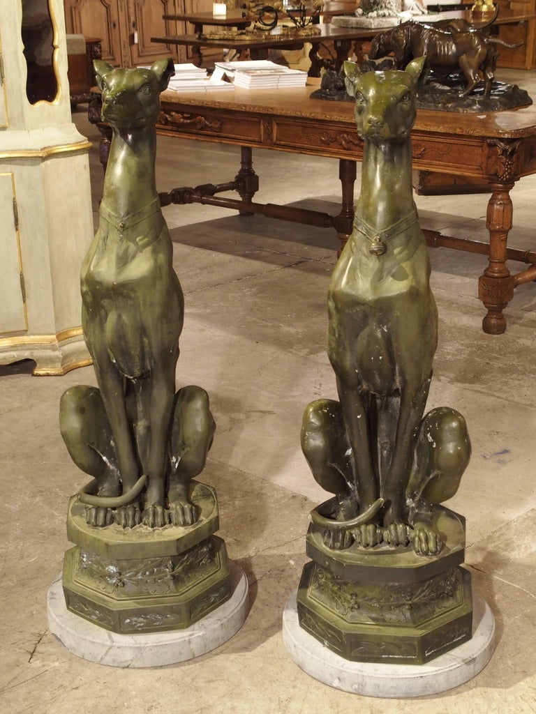 Large Pair of Painted Dog Statues on Stone Bases from France at 1stDibs