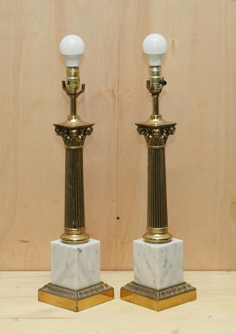 Large Pair of Restored Vintage Roman Corinthian Pillar Marble Brass ...